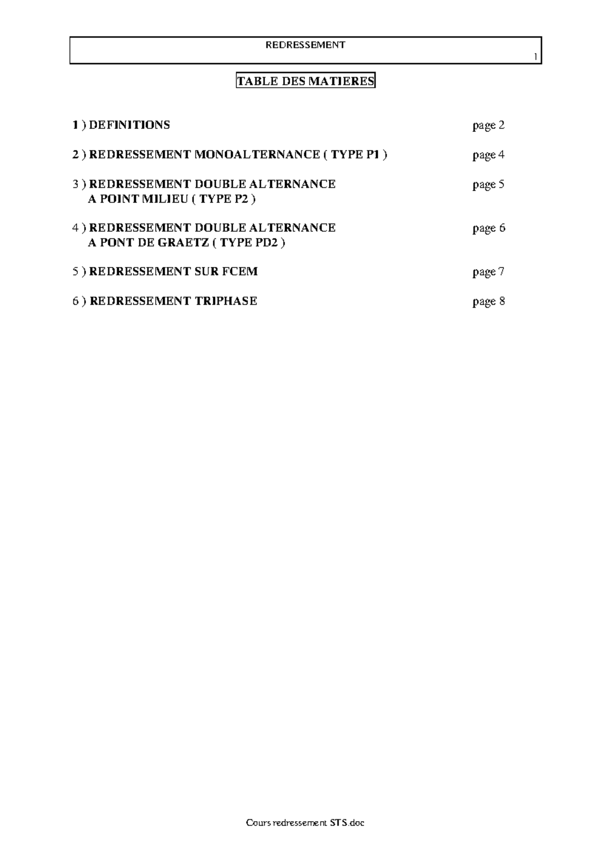 Cours redressement STS - 1 TABLE DES MATIERES 1 ) DEFINITIONS page 2 2 ...