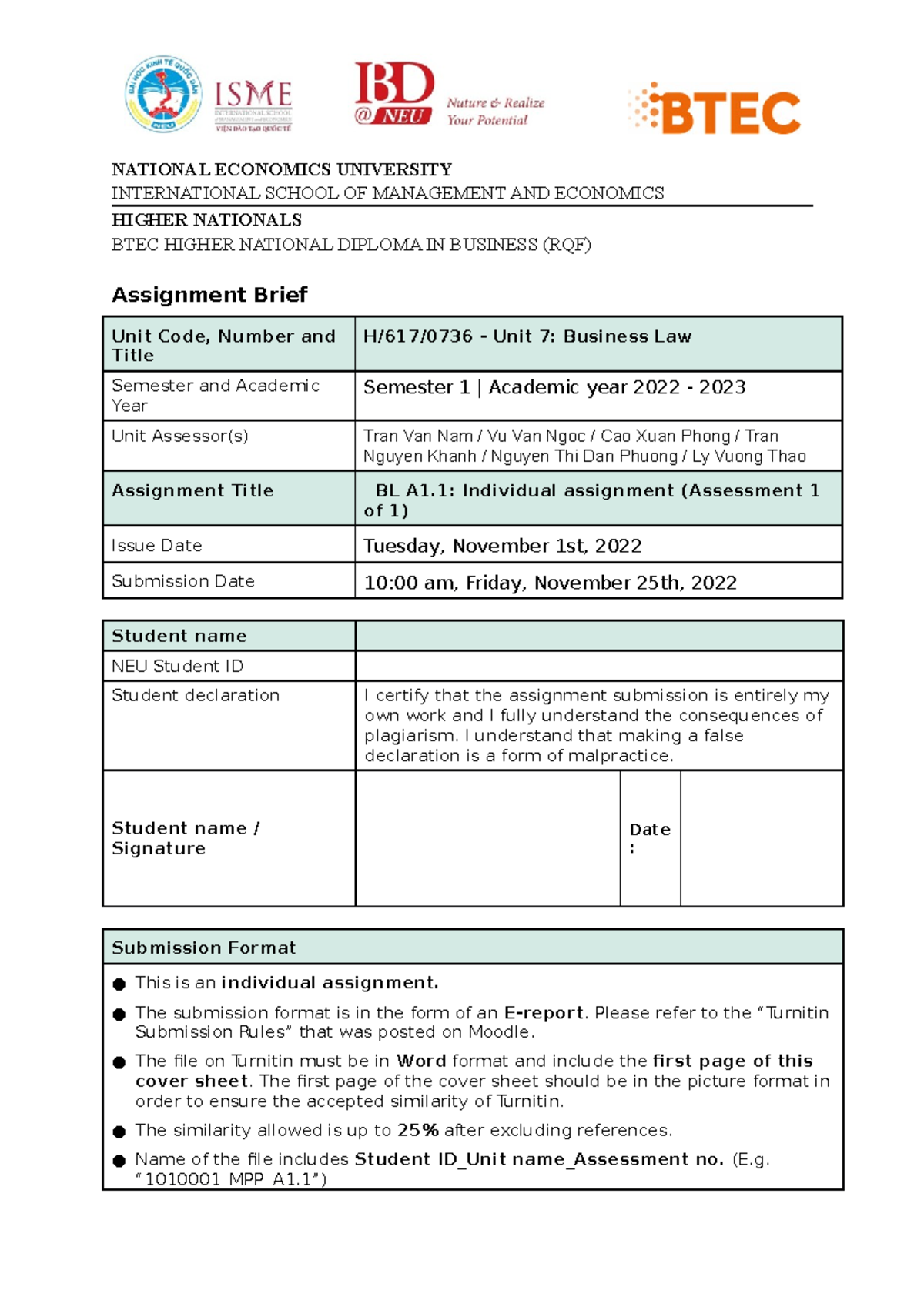 1. Assignment Brief BL A1 - NATIONAL ECONOMICS UNIVERSITY INTERNATIONAL SCHOOL OF MANAGEMENT AND ...