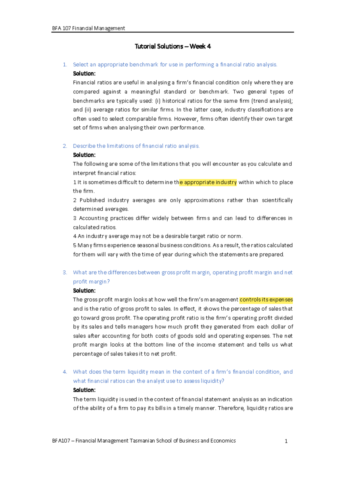 BFA107 ASP3 T3 W4 Solutions - BFA208 - UTAS - Studocu