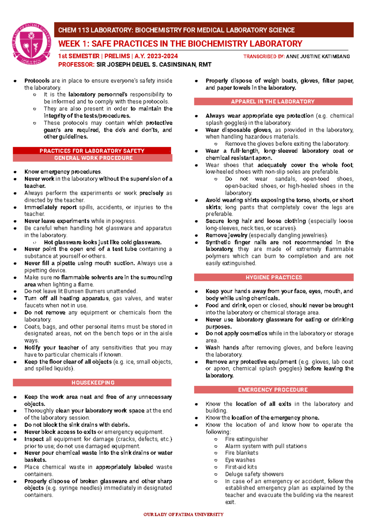 WEEK 1 - SAFE Practices IN THE Biochemistry Laboratory - CHEM 113 ...