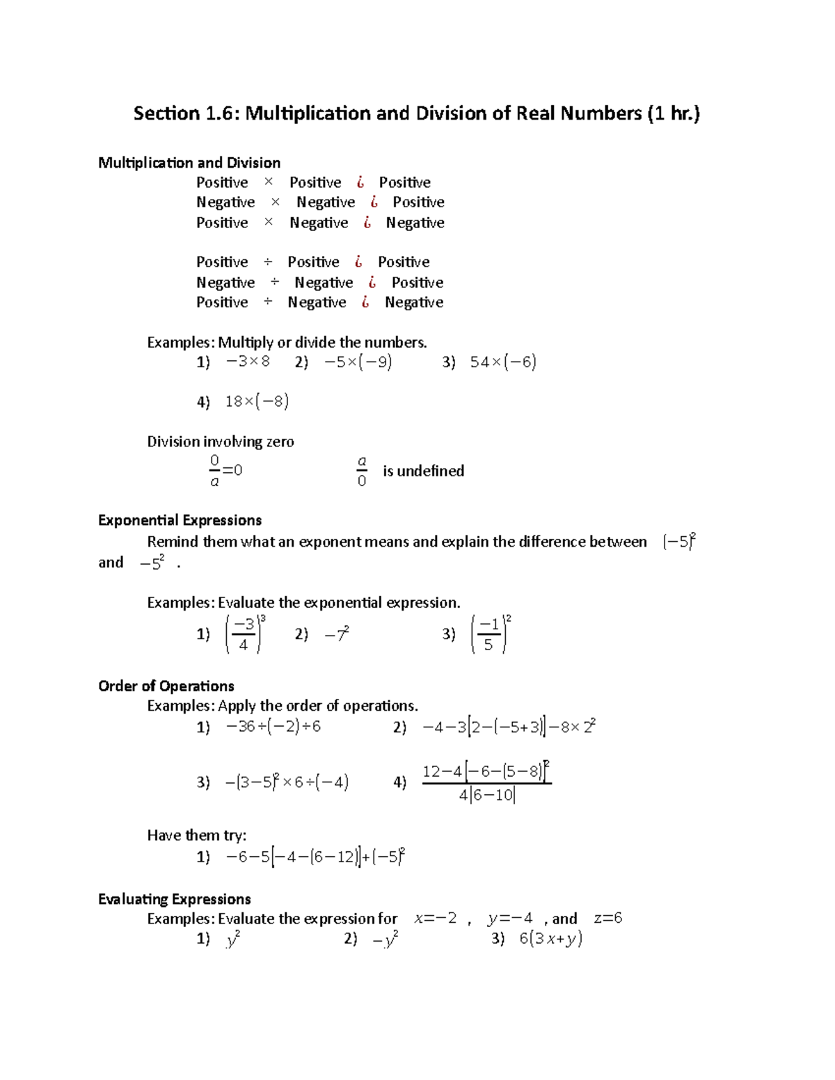 Section 1 - Section 1: Multiplication and Division of Real Numbers (1 ...