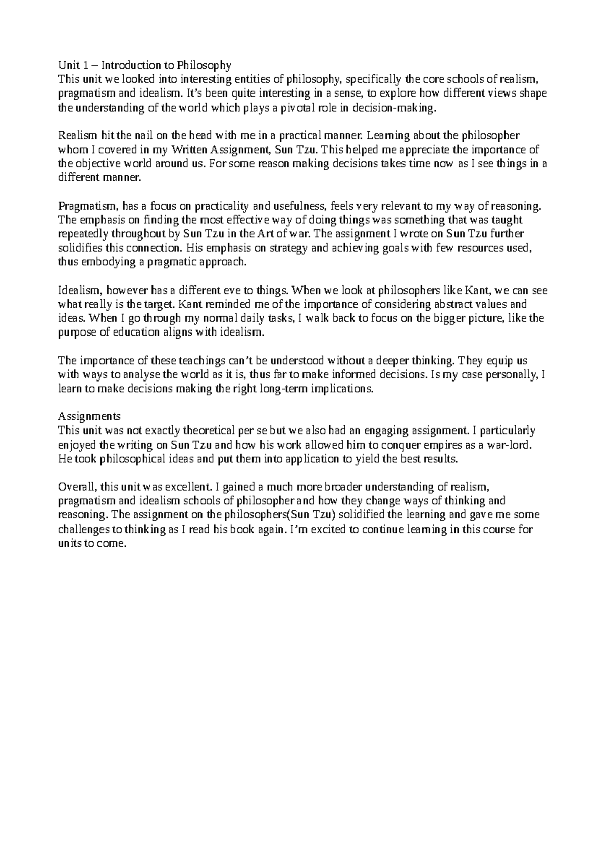 Learning journal unit1 philosophy - Unit 1 – Introduction to Philosophy ...