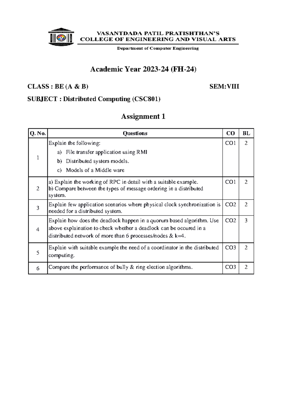 Distributed computing assignment 1 - Academic Year 2023-24 (FH-24) CLASS : BE (A & B) SEM:VIII ...