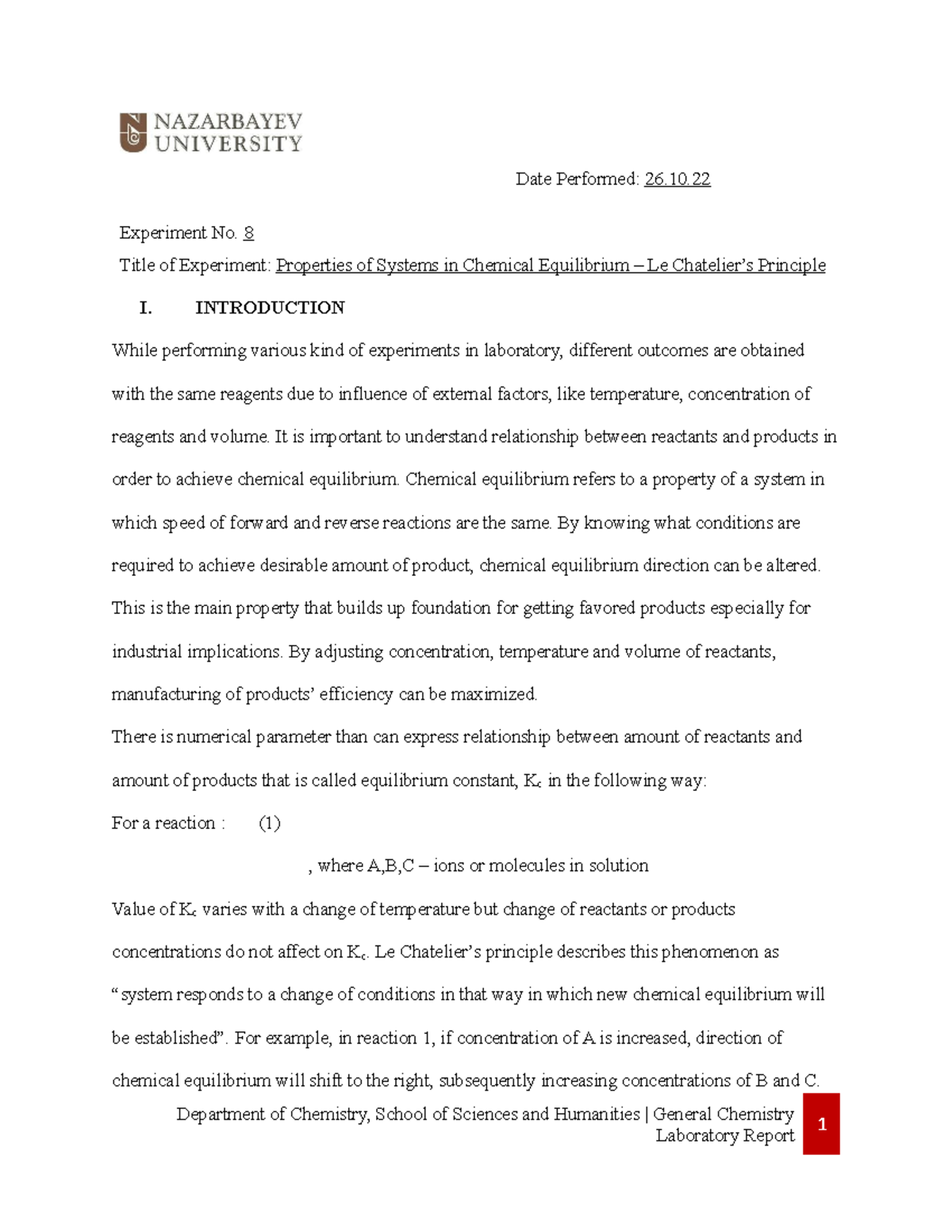 Lab report 8. Properties of Systems in Chemical Equilibrium - Date Performed: 26. Experiment No ...
