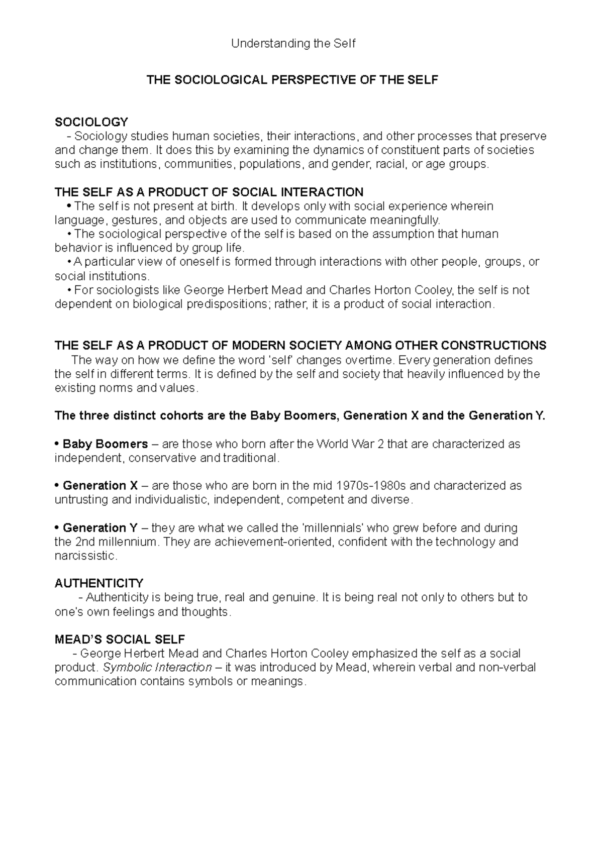 Uself notes lesson 2 4 - THE SOCIOLOGICAL PERSPECTIVE OF THE SELF ...
