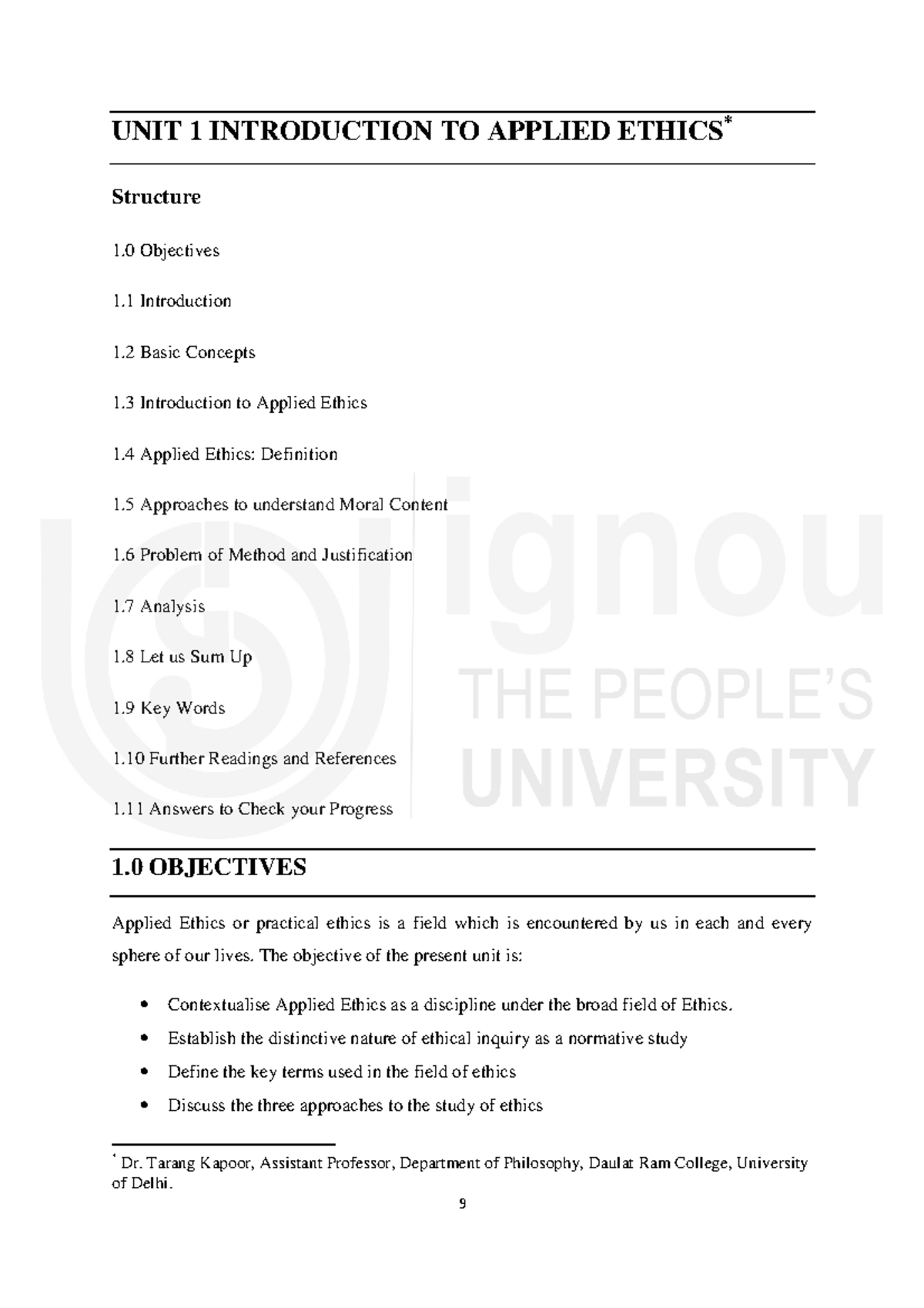 Unit-1 - UNIT 1 INTRODUCTION TO APPLIED ETHICS* Structure 1 Objectives 1 Introduction 1 Basic ...