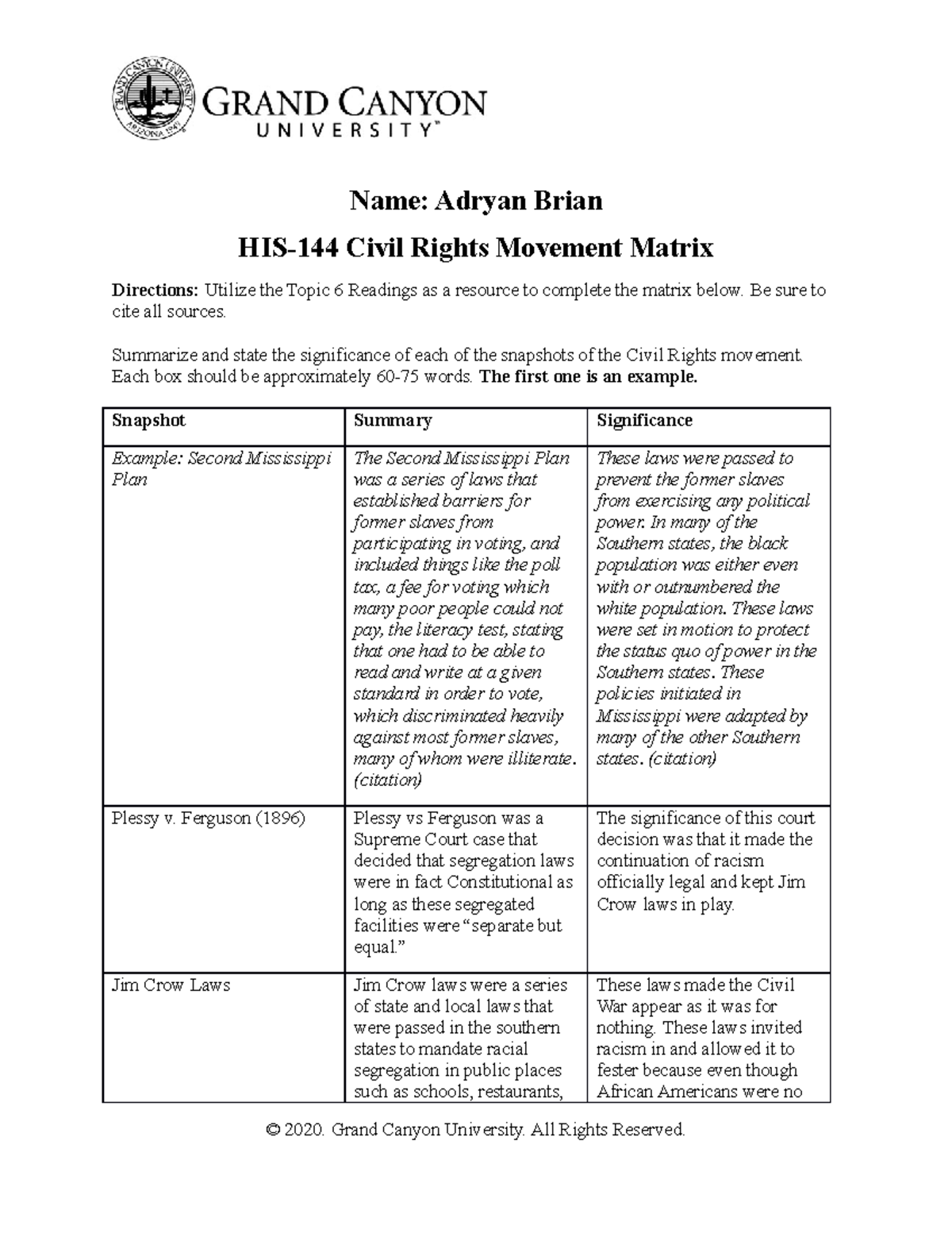 Civil Rights Movement Matrix - HIS-144 - GCU - Studocu
