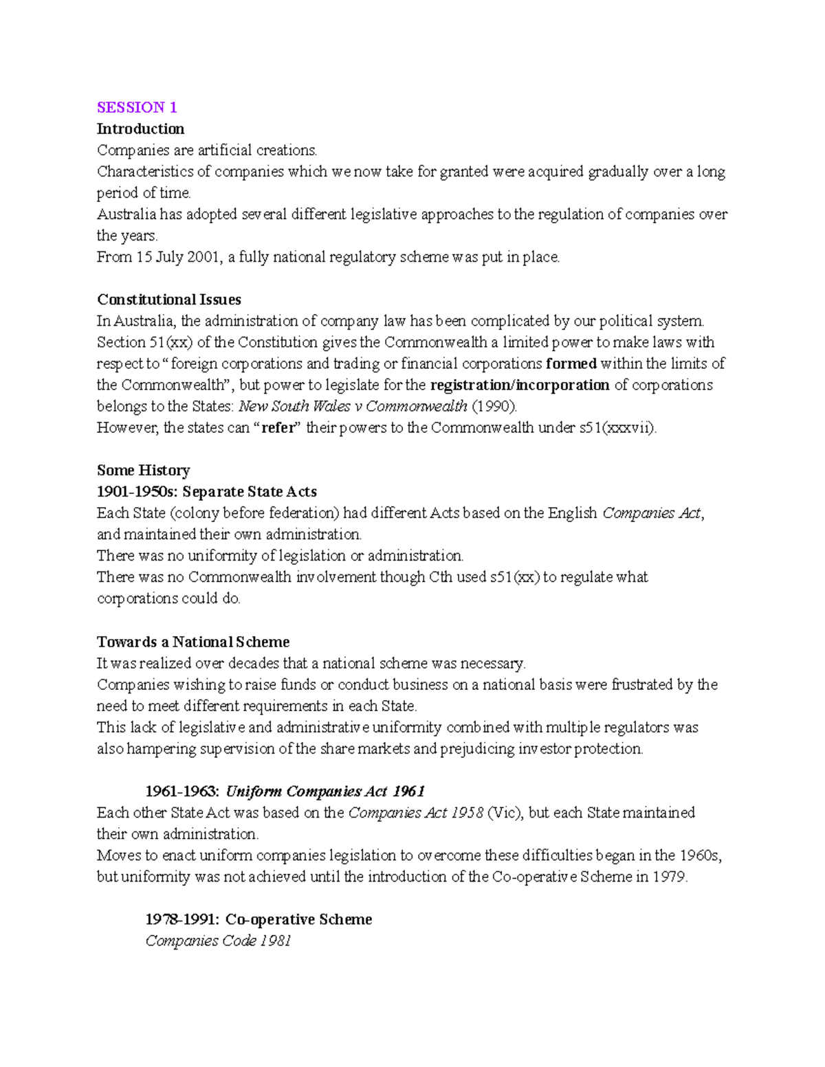 Corporation law notes - SESSION 1 Introduction Companies are artificial ...