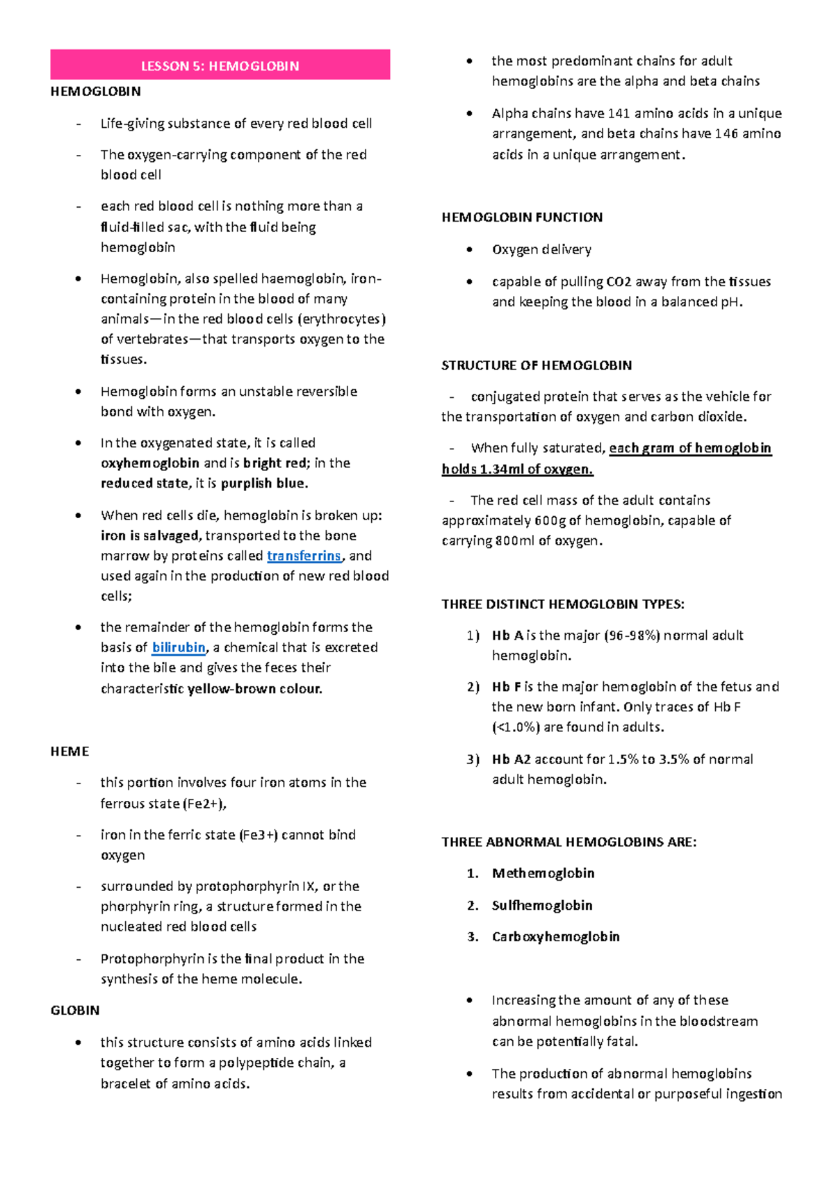 Lesson 5 6 HEMA - hema lecture notes - HEMOGLOBIN Life-giving substance ...