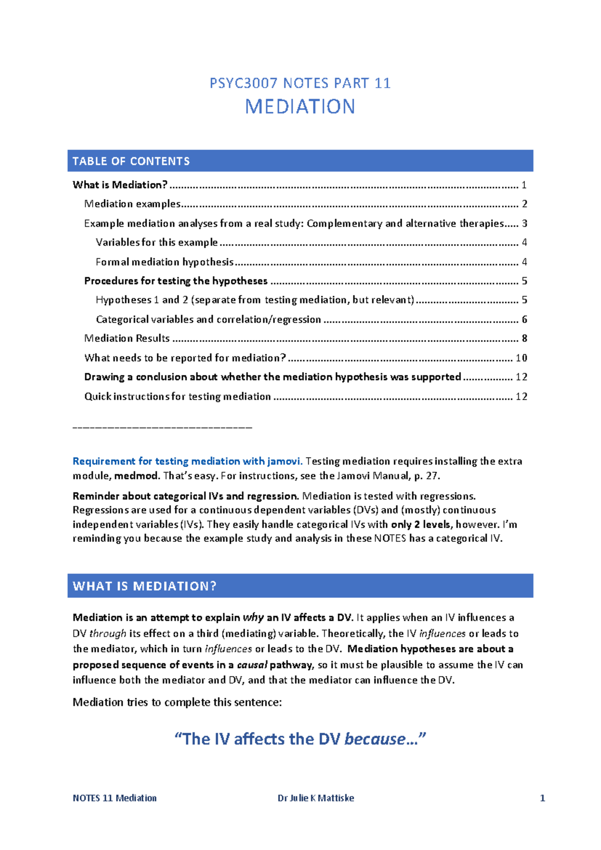 Week 8 Notes 11 Mediation - PSYC3007 NOTES PART 11 MEDIATION TABLE OF ...