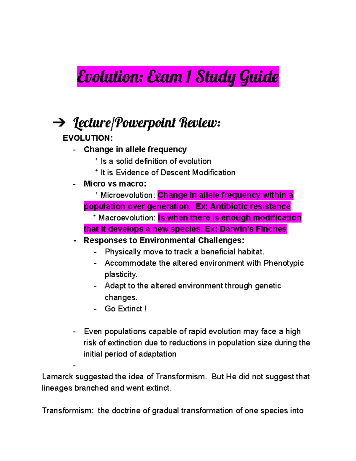 Evolution Exam Study Guide - Evolutio: a 1 Stud Guid Lectur/Powerpoin ...
