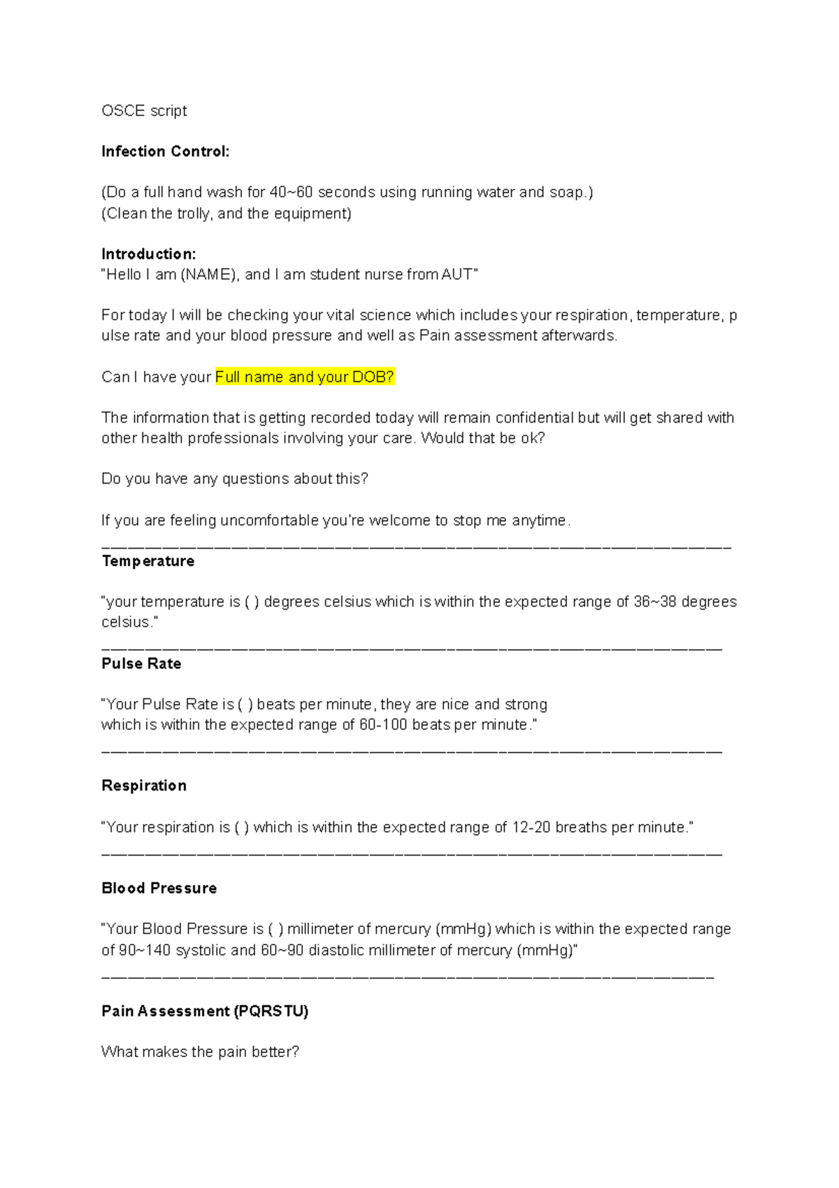 OSCE script - Hope this helps for some people who's struggling for their OSCE. - OSCE script ...