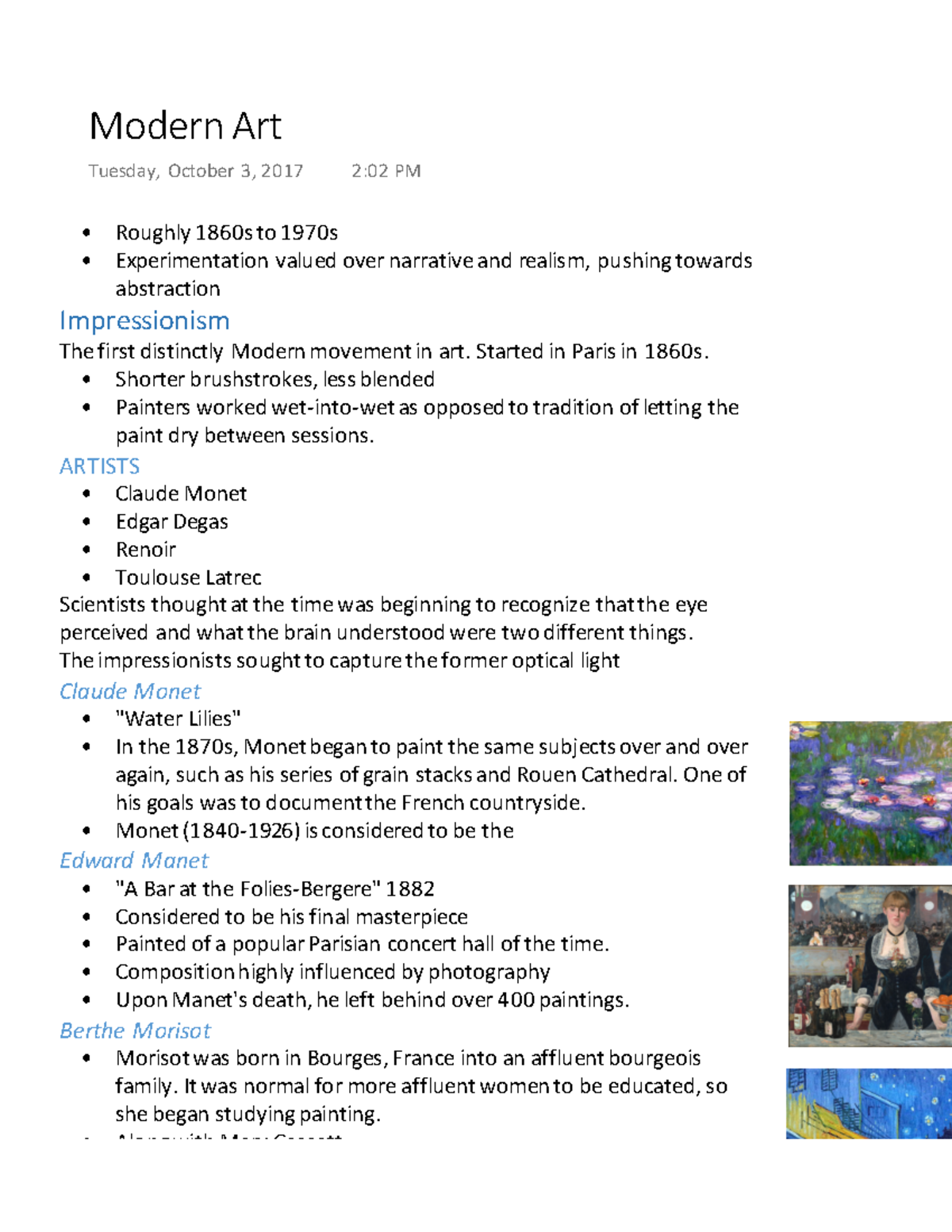 Modern Art - Lecture notes Week 7 - Modern Art Tuesday, October 3, 2017 ...