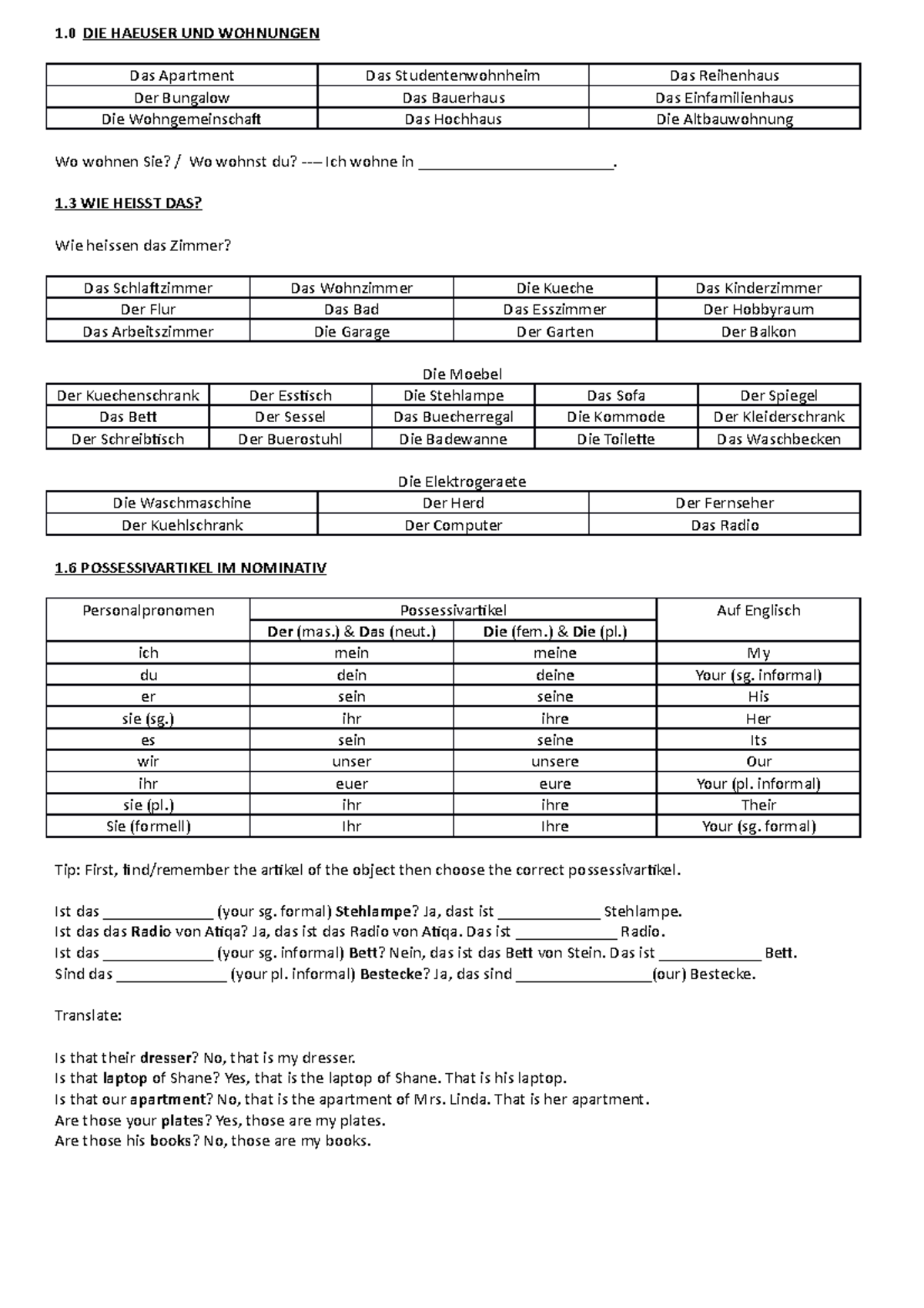 D2 - German notes and exercise to do - 1 DIE HAEUSER UND WOHNUNGEN Das ...