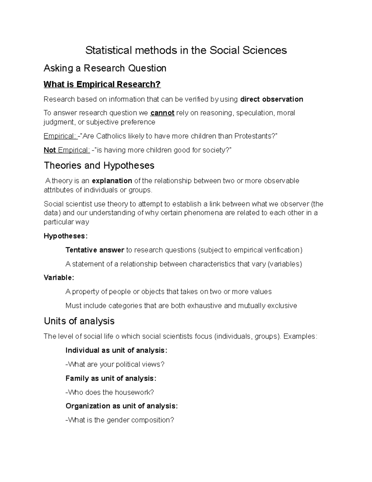 Ch 1 & 2 - Lecture notes 1-2 - Statistical methods in the Social ...