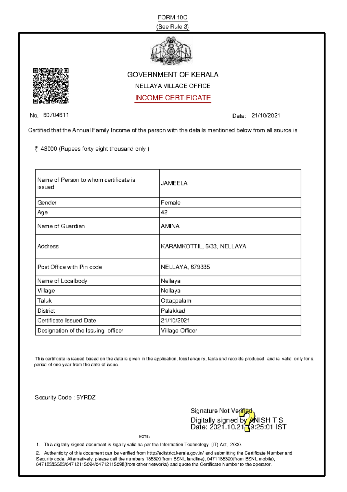 Certificate 60704611 - Good - (See Rule 3) GOVERNMENT OF KERALA INCOME ...