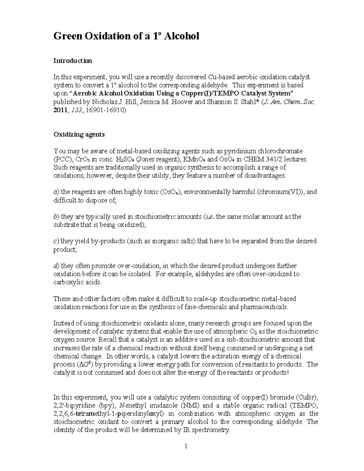 Green Oxidation of a primary alcohol - Green Oxidation of a 1 o Alcohol ...