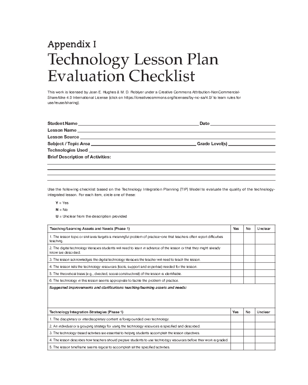 APPI Technology Lesson Plan - Appendix I Technology Lesson Plan Evaluation Checklist This work ...