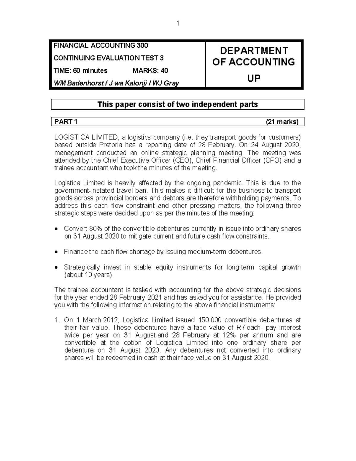 2020 Class test 3 Question - FINANCIAL ACCOUNTING 300 CONTINUING ...