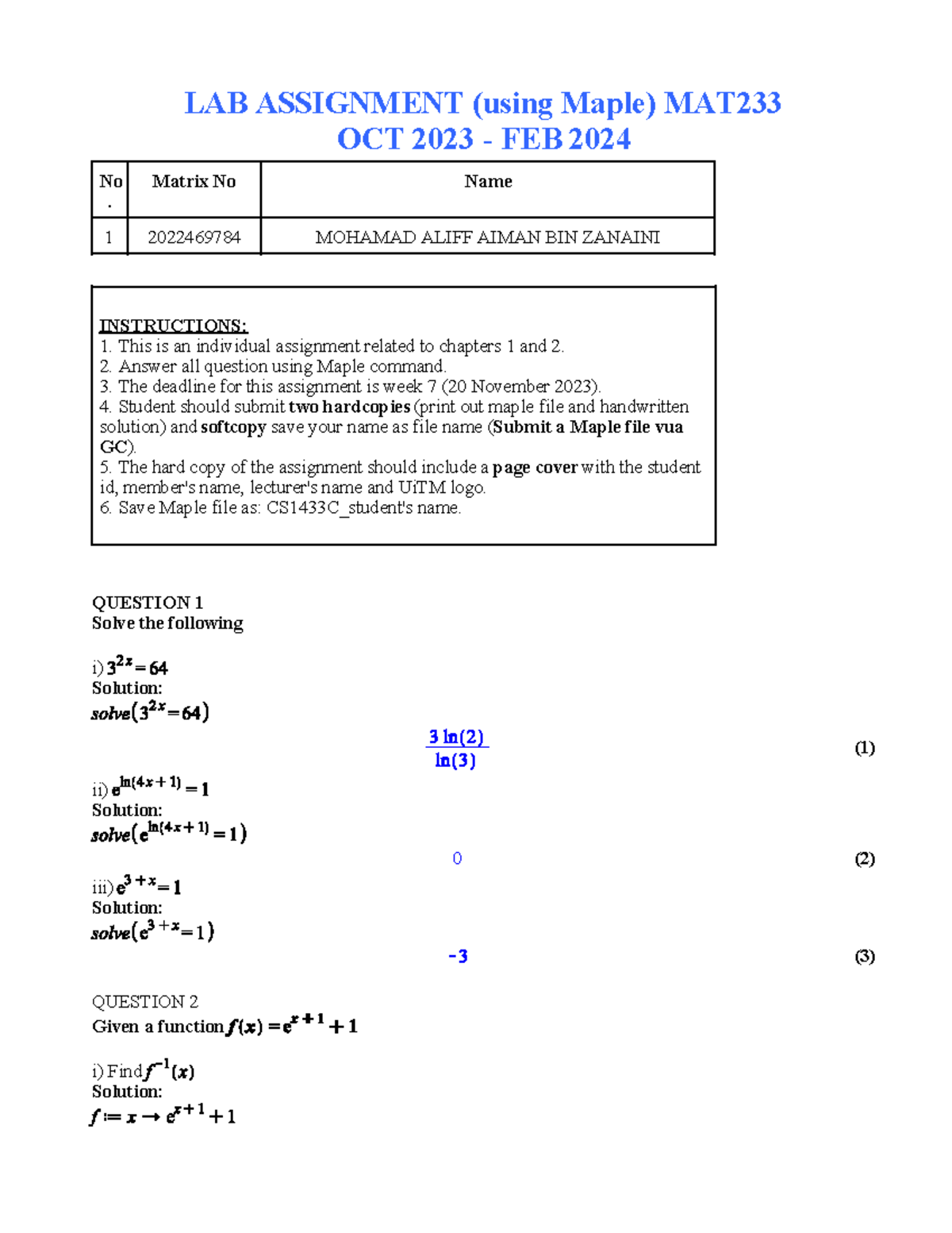 maple workdone calculus - (3)(3) (2)(2) (1)(1) LAB ASSIGNMENT (using Maple) MAT OCT 2023 - FEB ...