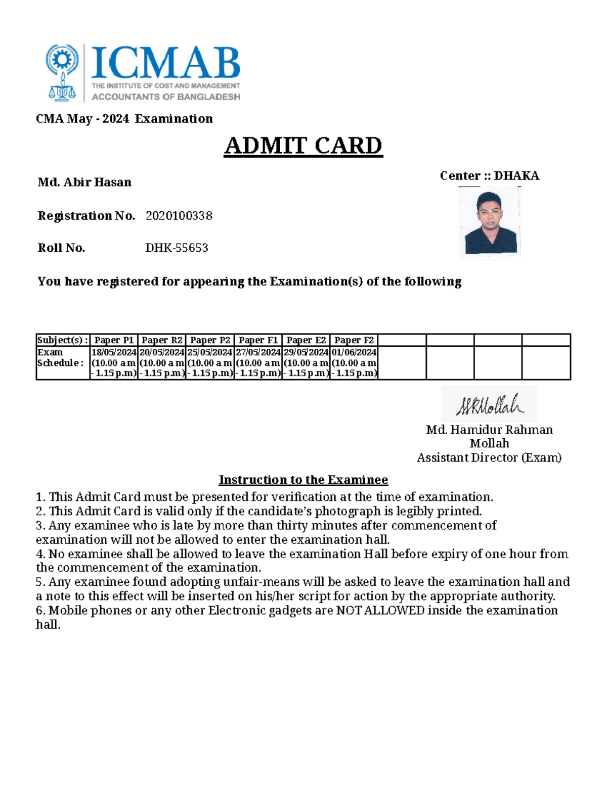 Erp.icmab - Pdf summaries payment - CMA May - 2024 Examination ADMIT CARD Md. Abir Hasan Center ...