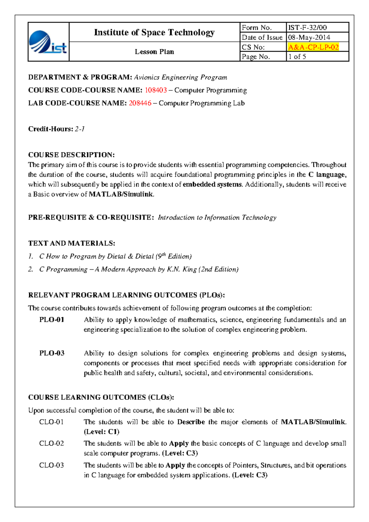 Ave Cp Lp 2024 Revised C Language Institute Of Space Technology Date Of Issue 08 May 2014