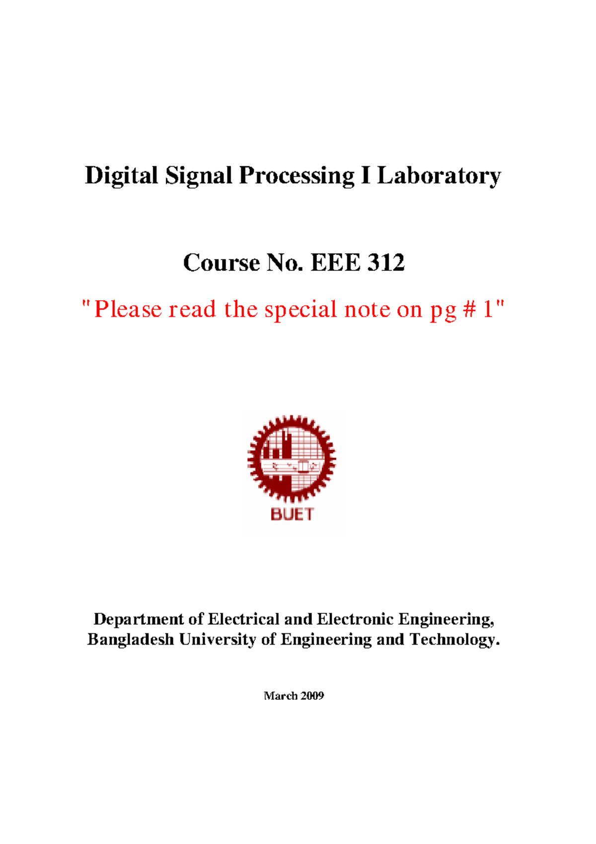 Eee 376 Dsp Lab Manual Digital Signal Processing I Laboratory Course No 312 Read The Special