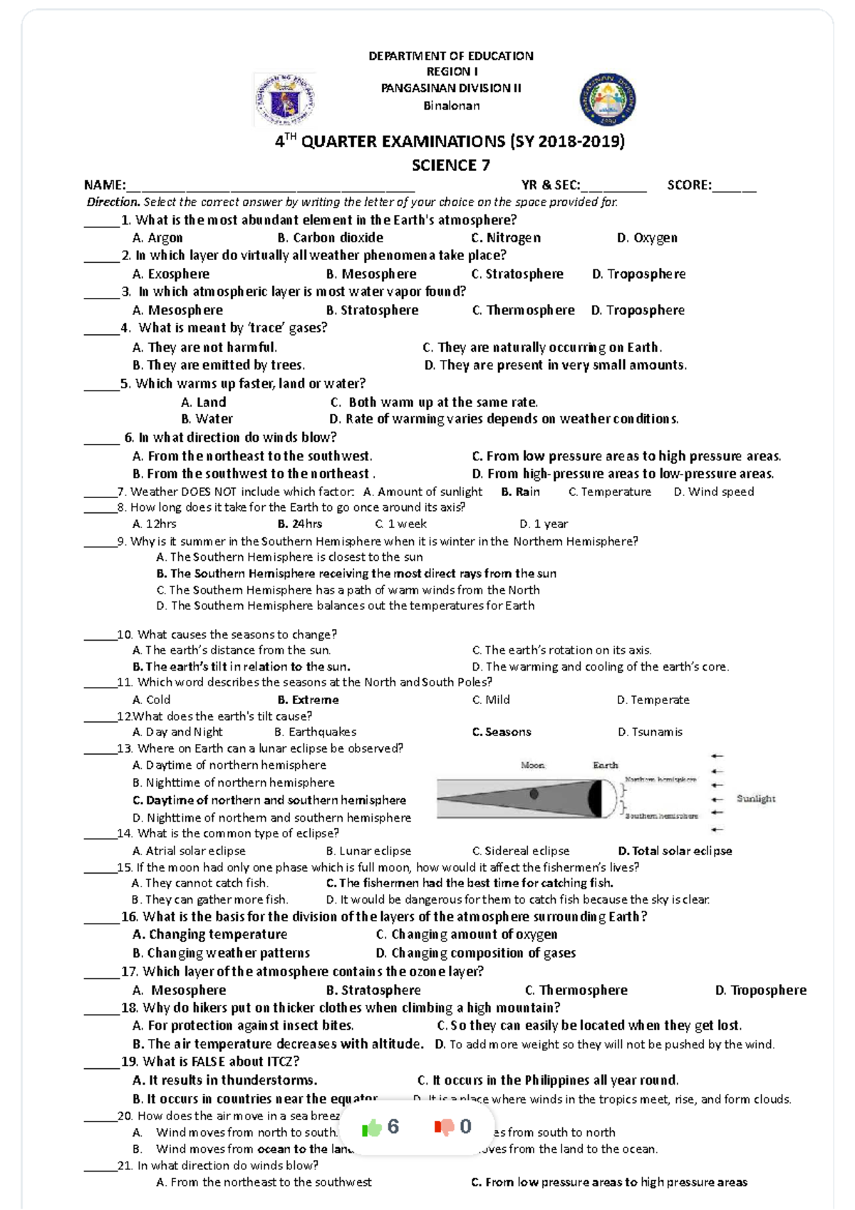 4th-quarter-exam-science-7 compress - DEPARTMENT OF EDUCATION REGION I PANGASINAN DIVISION II ...