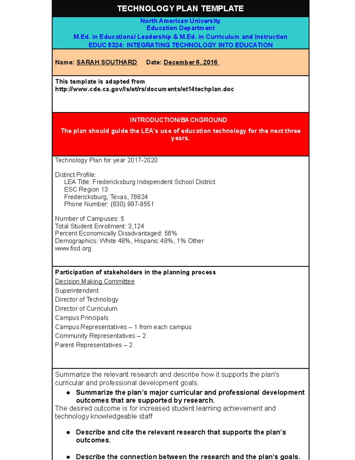 333477915 educ 5324 technology plan - TECHNOLOGY PLAN TEMPLATE North ...