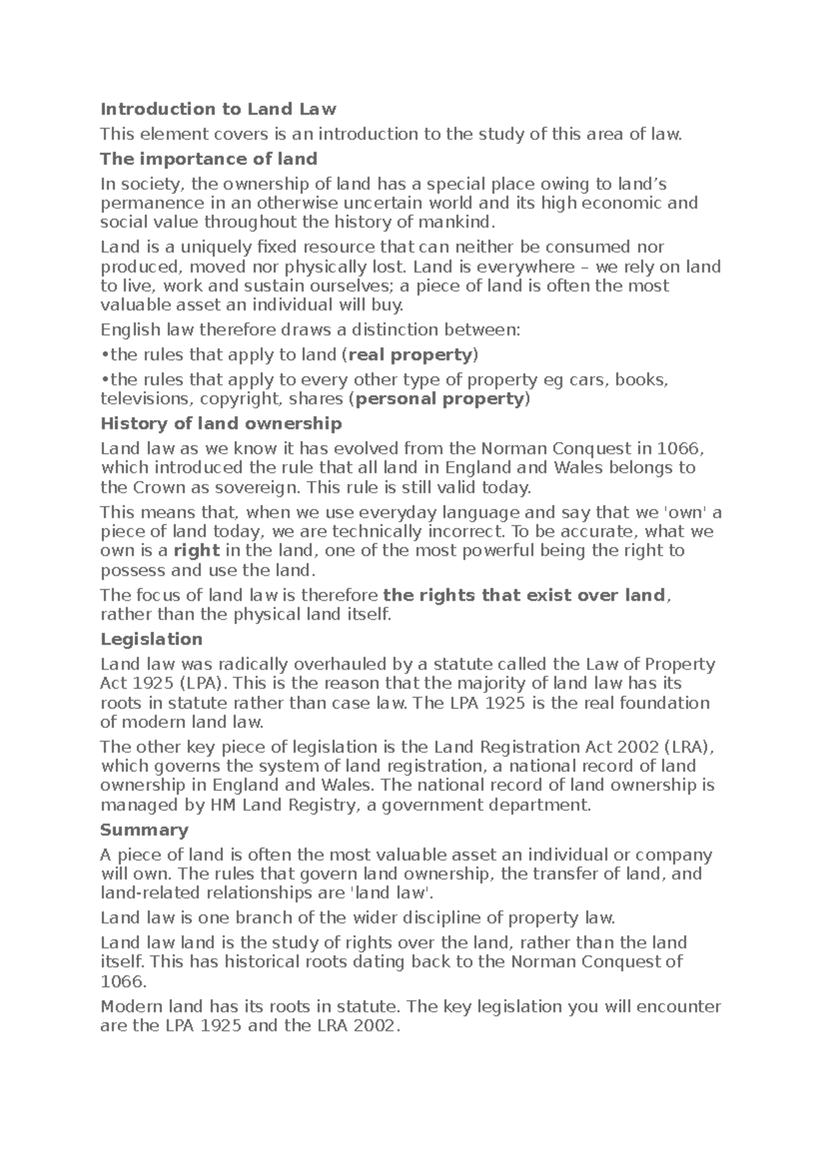 1. Introduction to Land Law - Introduction to Land Law This element ...