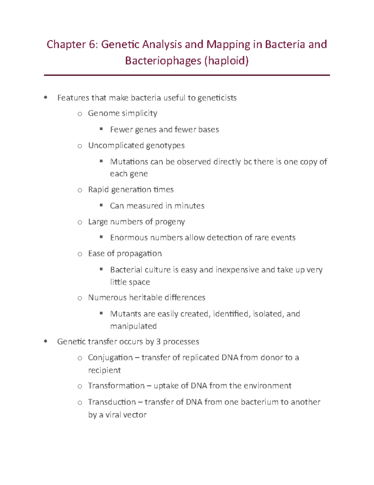 Chapter 6 Notes - Chapter 6: Genetic Analysis and Mapping in Bacteria ...