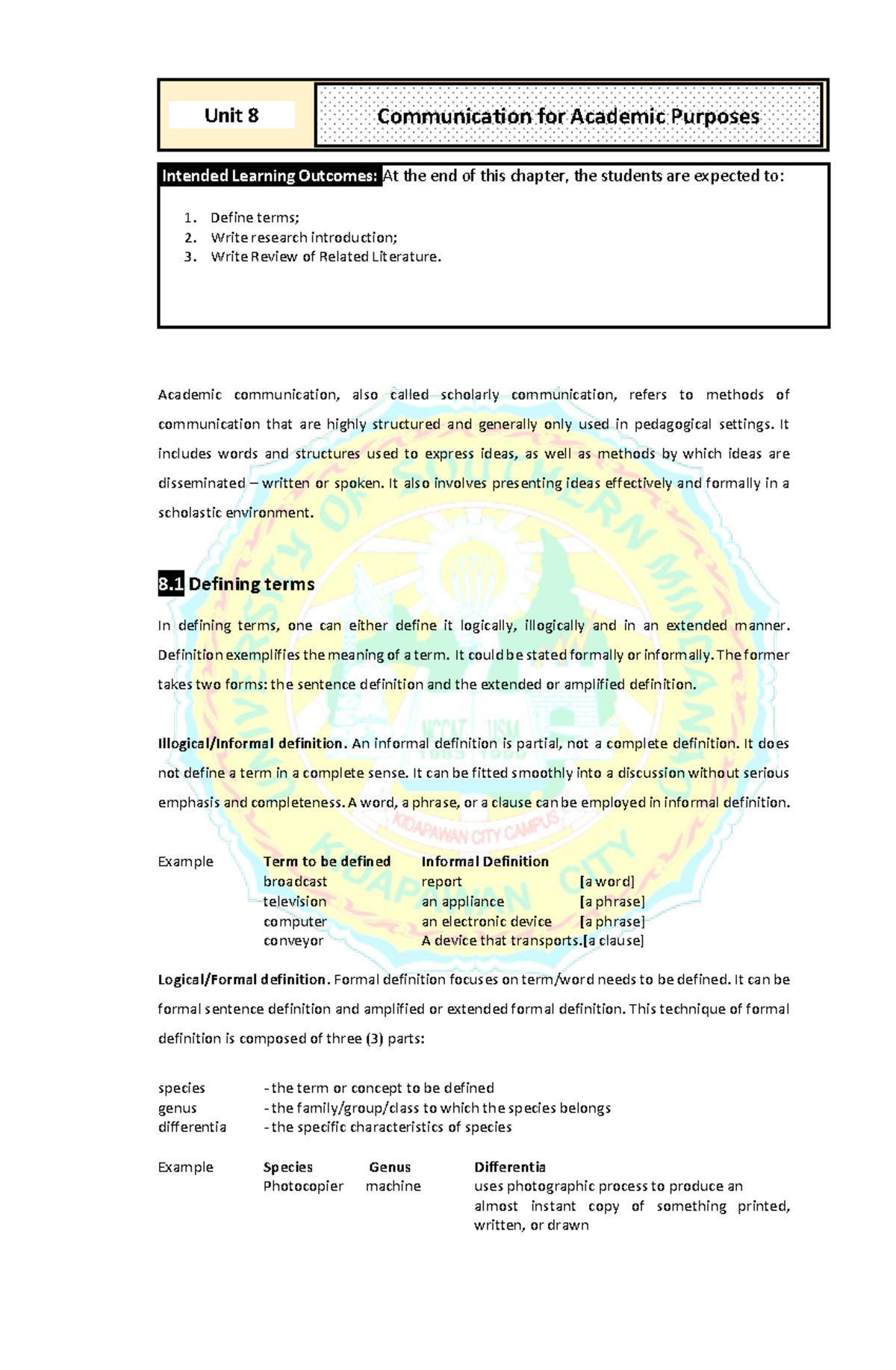 Communication for Academic Purposes - Intended Learning Outcomes: At ...