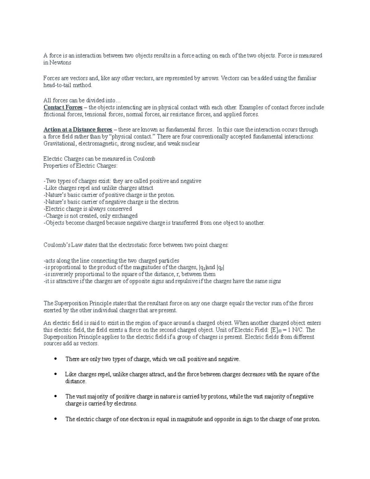 Summary sheet - Lecture Notes - A force is an interaction between two ...