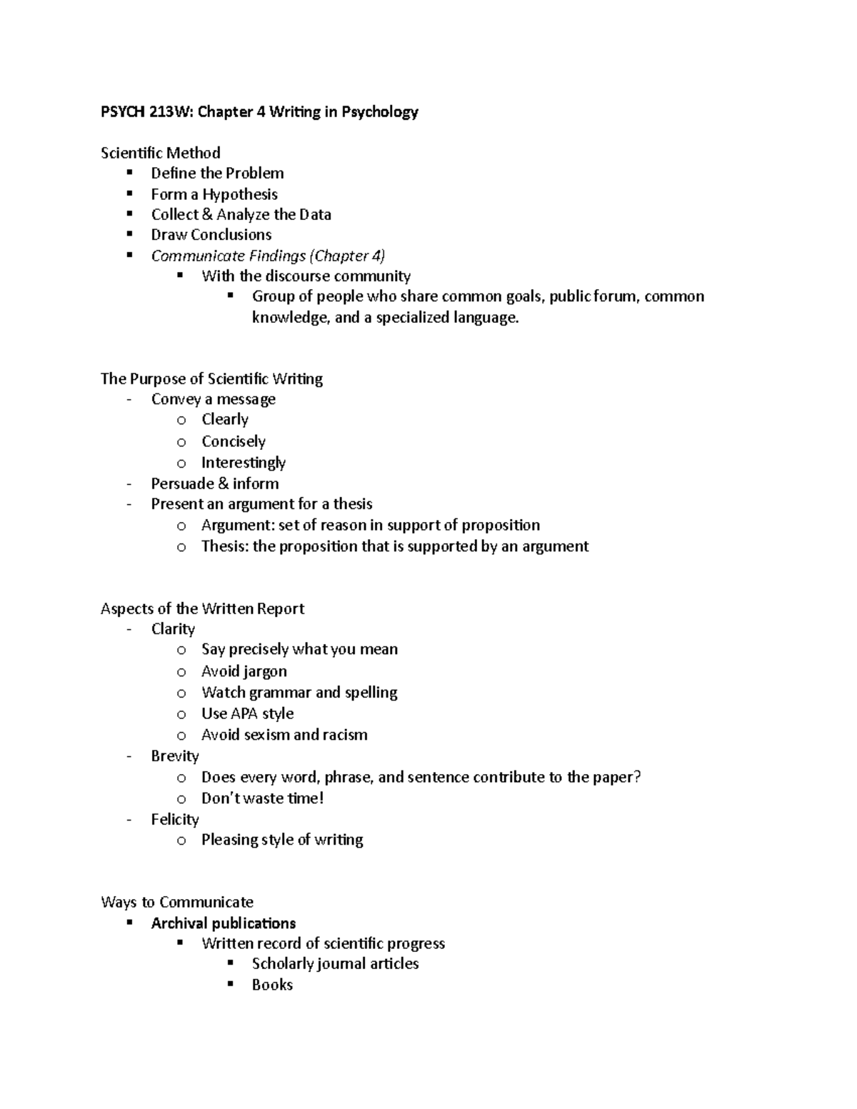 Psych 213w chapter 4 - prof. puzzo - PSYCH 213W: Chapter 4 Writing in ...