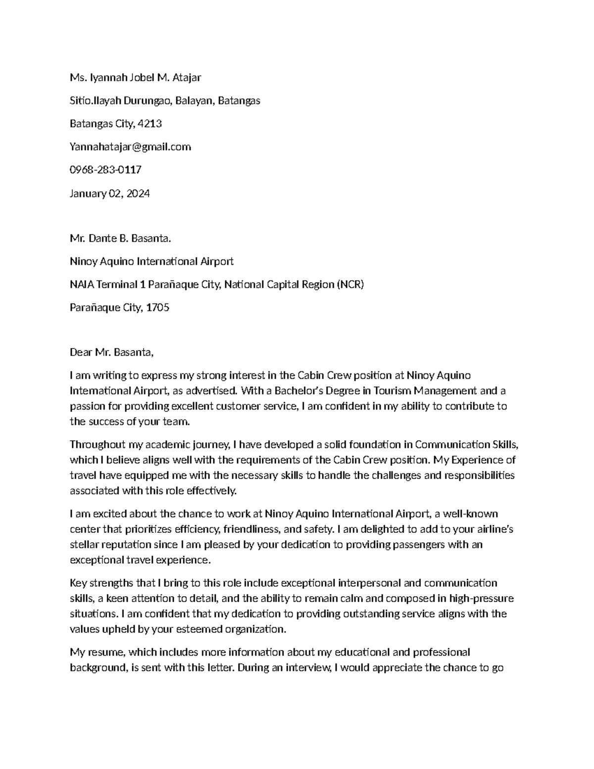 Employment Letter - Ms. Iyannah Jobel M. Atajar Sitio Durungao, Balayan ...