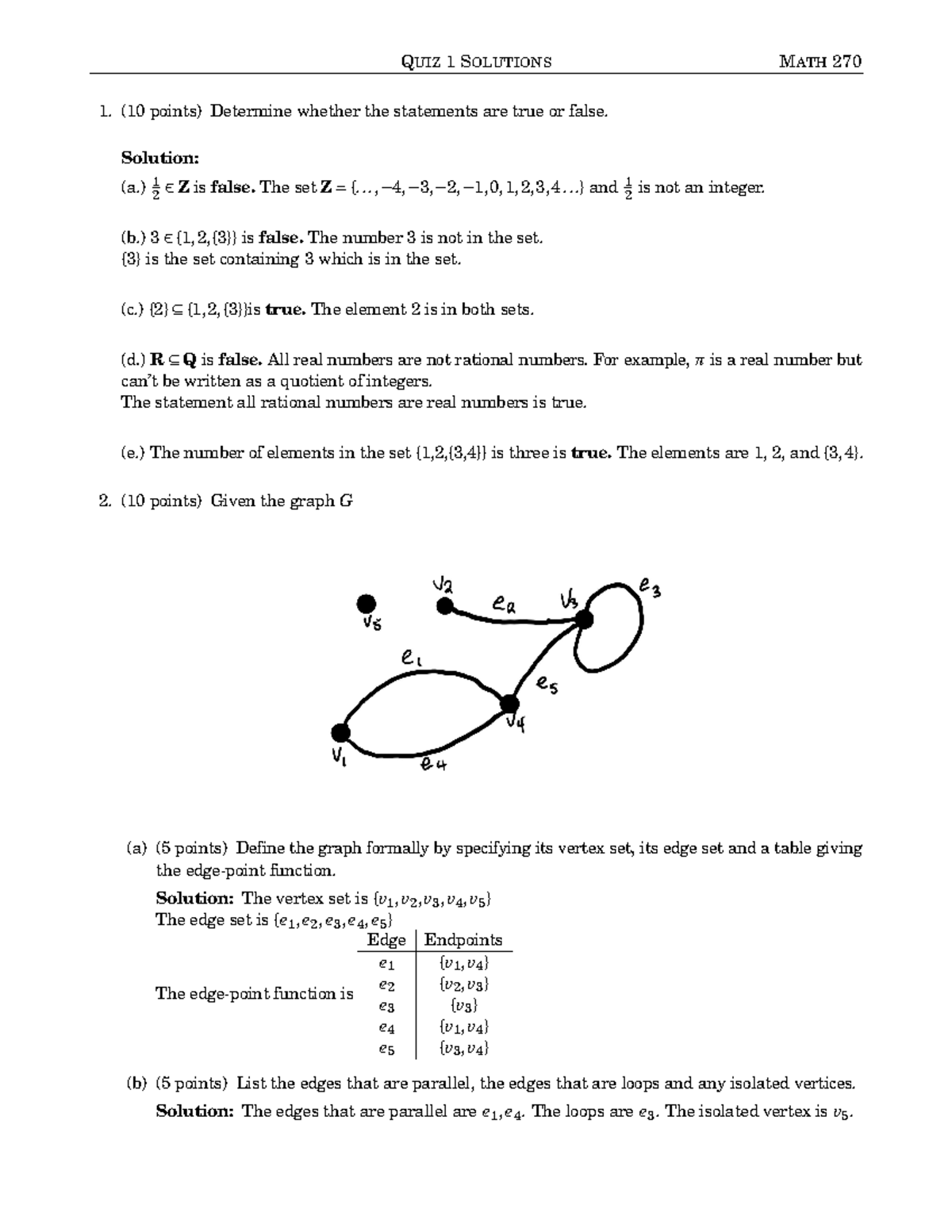 quiz number one review - QUIZ1 SOLUTIONS MATH 270 (10 points) Determine ...