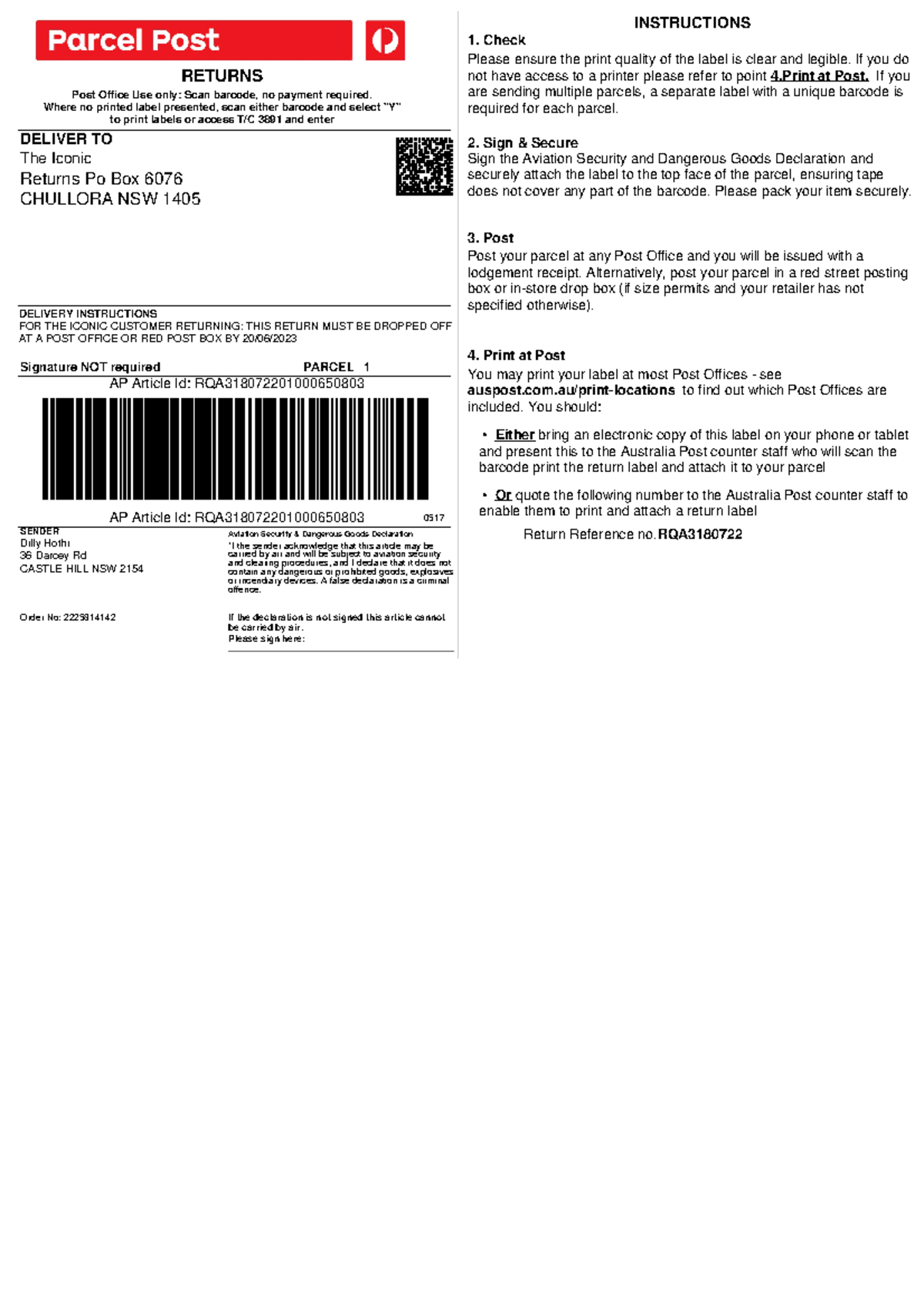 The Iconic Return Label a180ab1ddaf4ddd47a7ac3f4bee43f07 - DELIVER TO ...