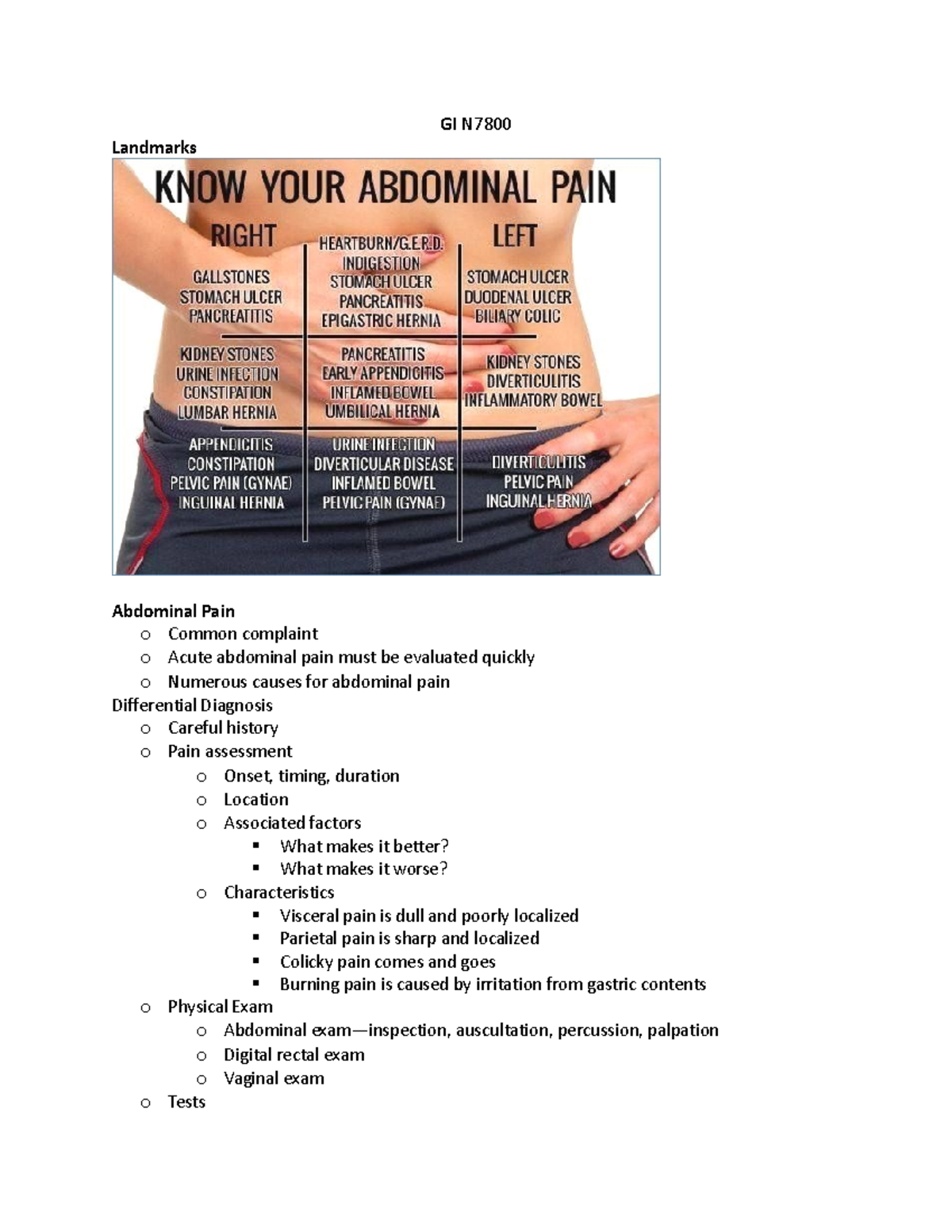 Nurse 7800 GI notes - GI N Landmarks Abdominal Pain o Common complaint ...