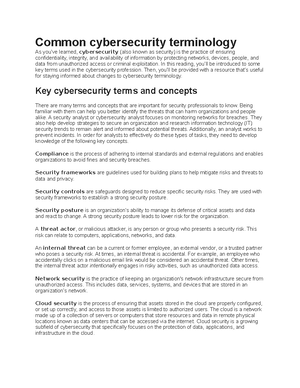 Common cybersecurity terminology - In this reading, you’ll be ...