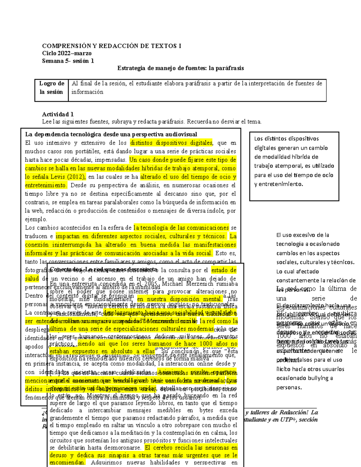 Parafrasis - la comprención del texto. - COMPRENSIÓN Y REDACCIÓN DE TEXTOS I Ciclo 2022–marzo ...