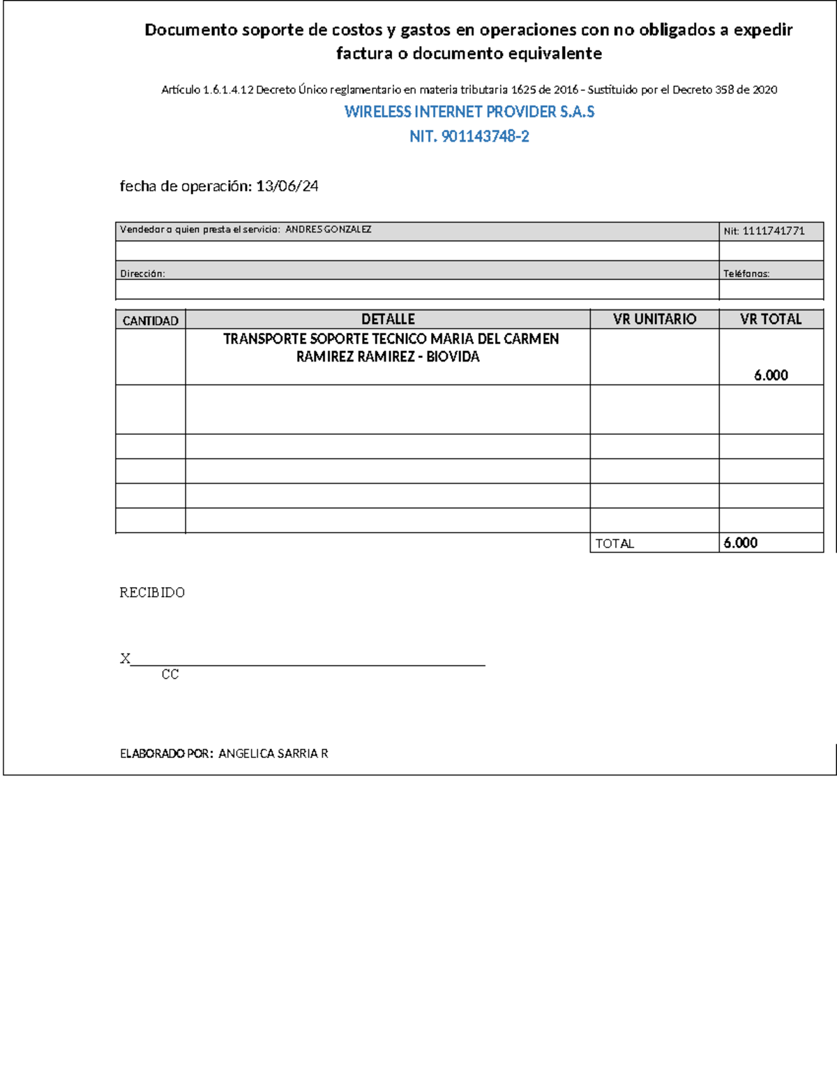 Recibos Contabilidad Andres - Documento soporte de costos y gastos en operaciones con no ...