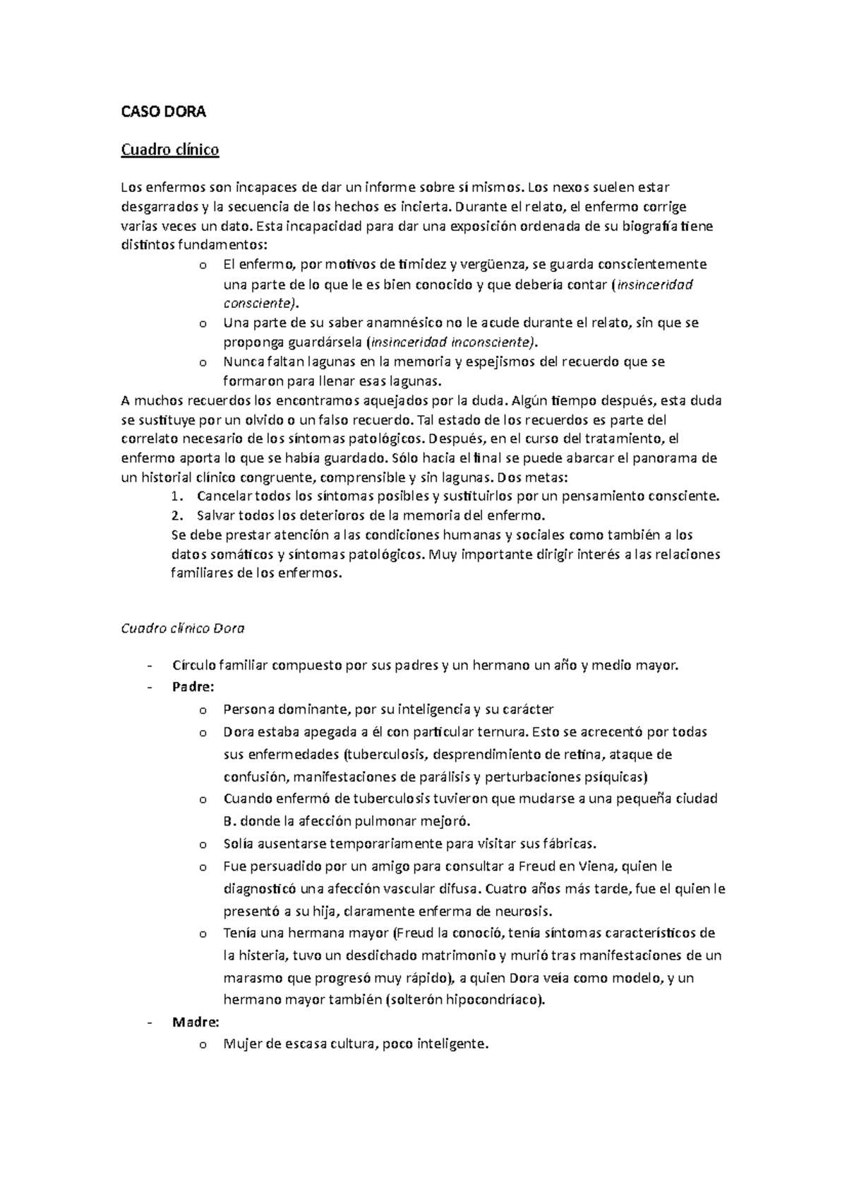 Caso Dora - Freud - CASO DORA Cuadro Los enfermos son incapaces de dar ...