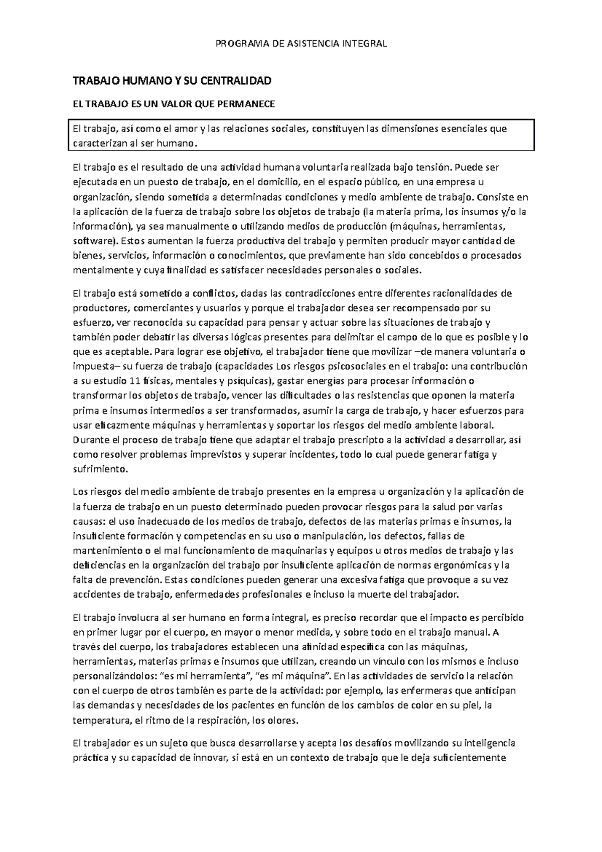 Programa de asistencia integral resumen m1 libro - TRABAJO HUMANO Y SU CENTRALIDAD EL TRABAJO ES ...