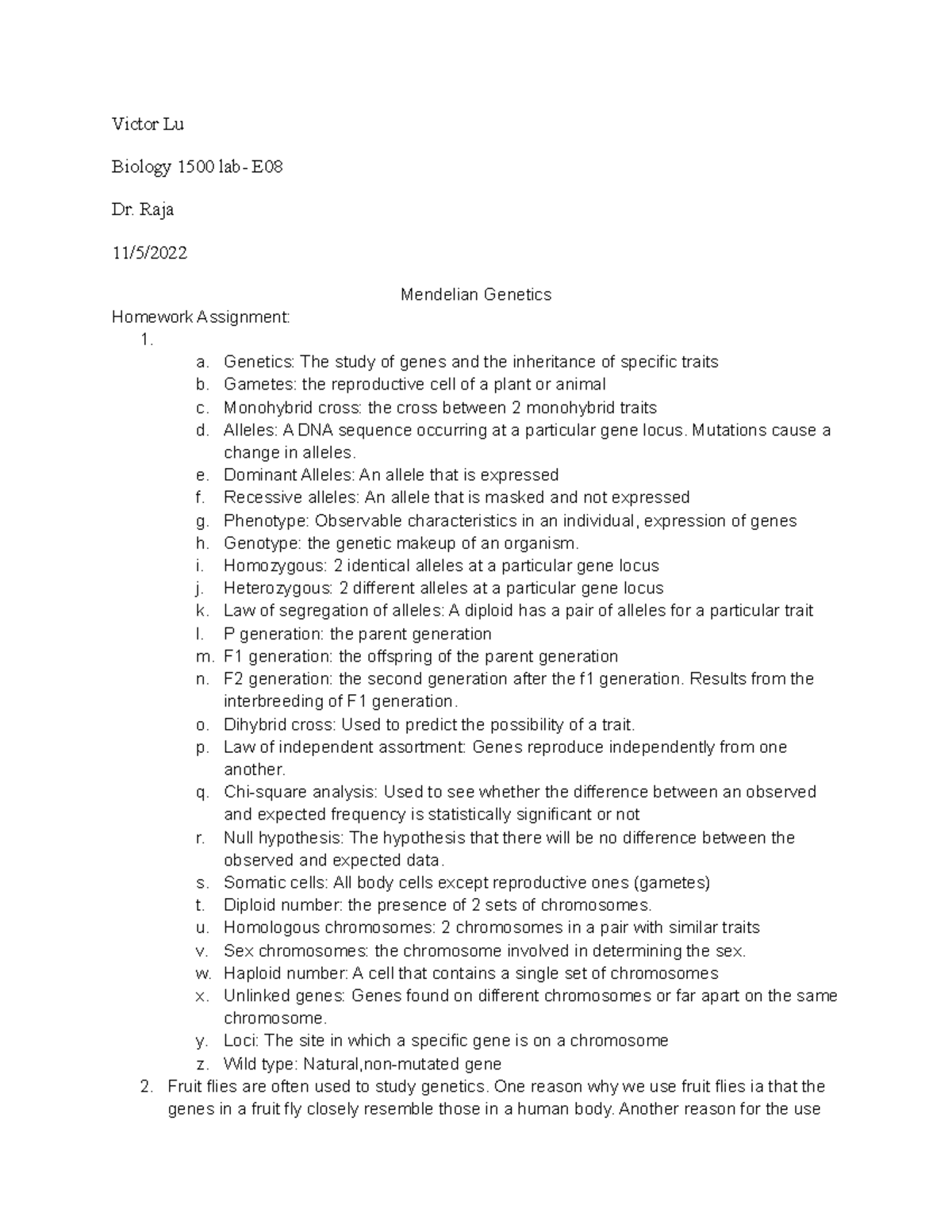 Mendelian Genetics lab - Victor Lu Biology 1500 lab- E Dr. Raja 11/5 ...