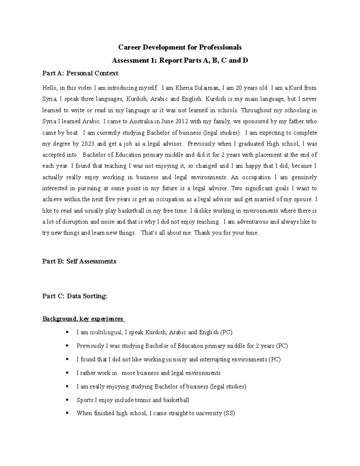 Assessment 1- Report Parts A, B, C and D - Career Development for ...