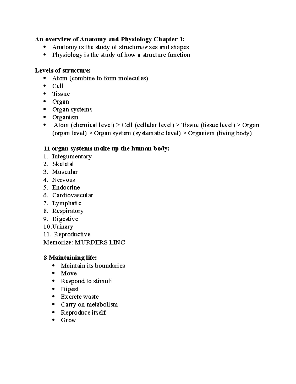 Weeks 1 - 4 - Lecture notes 1-4 - An overview of Anatomy and Physiology ...