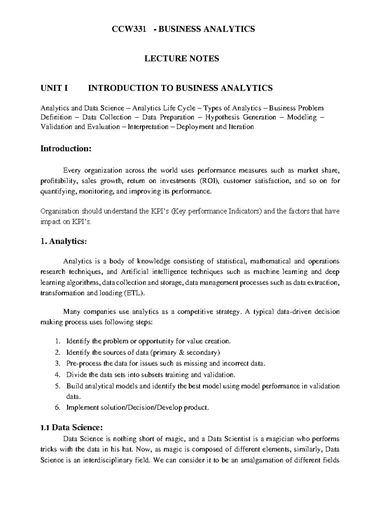 Business Anaytics unit 1 - CCW331 - BUSINESS ANALYTICS LECTURE NOTES ...