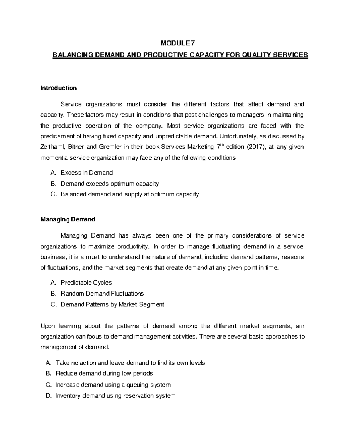 Module 7- Balancing Demand and Productive Capacity for Quality Services ...