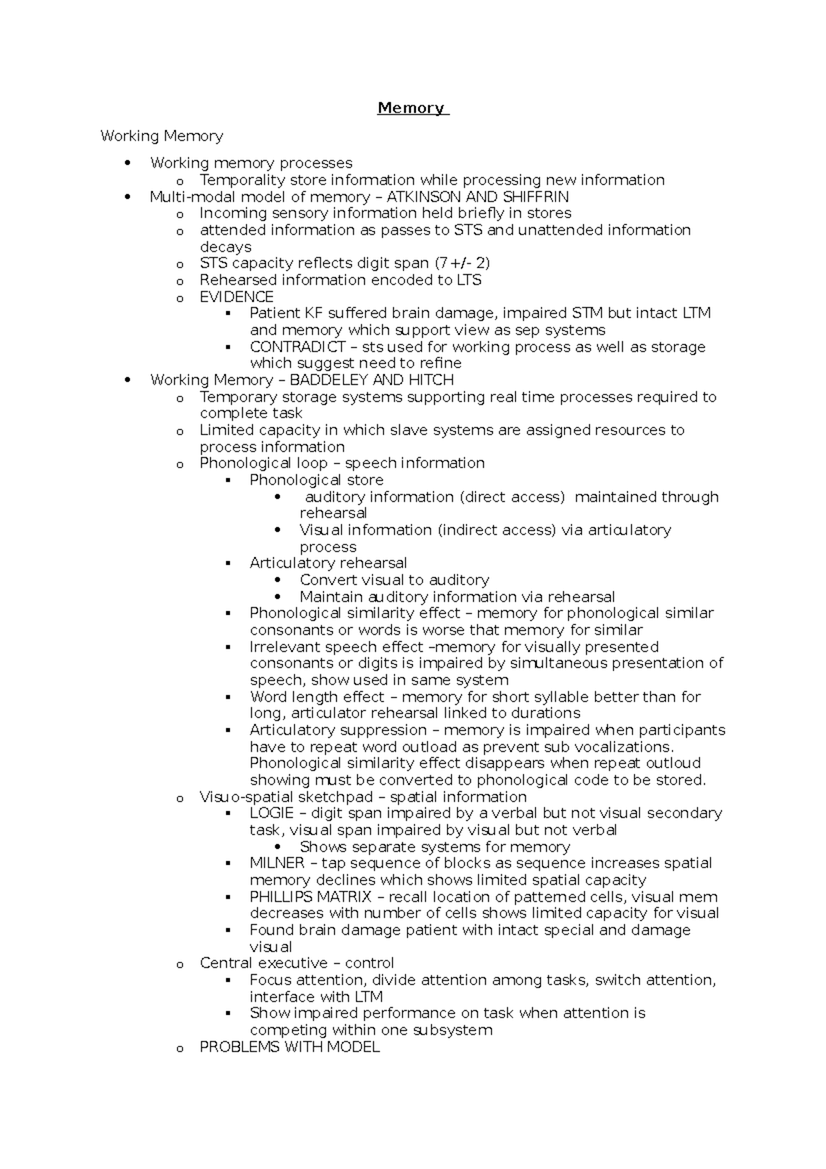 5 - Memory - Summary Cognitive Psychology - Memory Working Memory ...