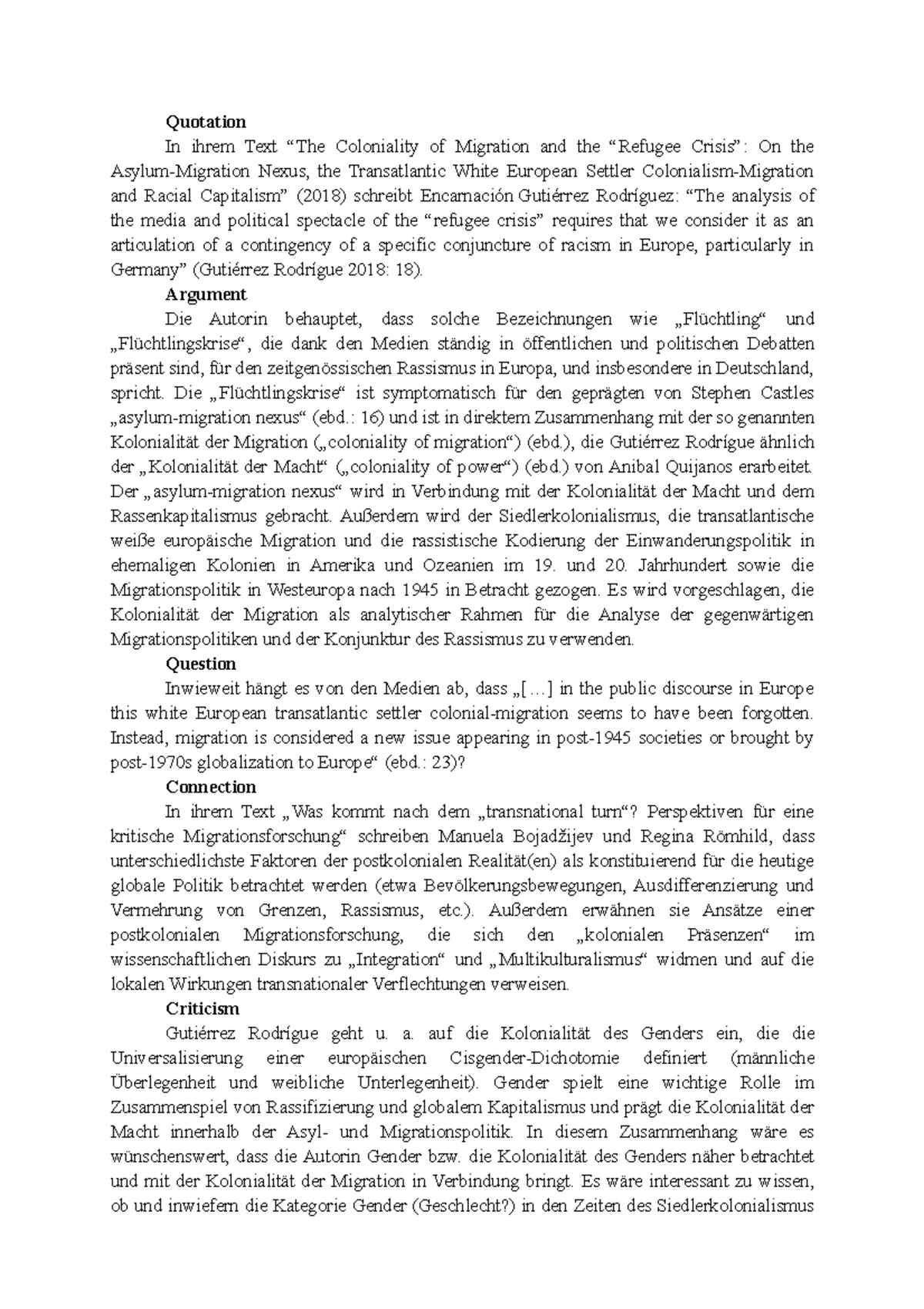 Gutiérrez Rodríguez, Encarnación (2018): The Coloniality of Migration and the “Refugee Crisis ...